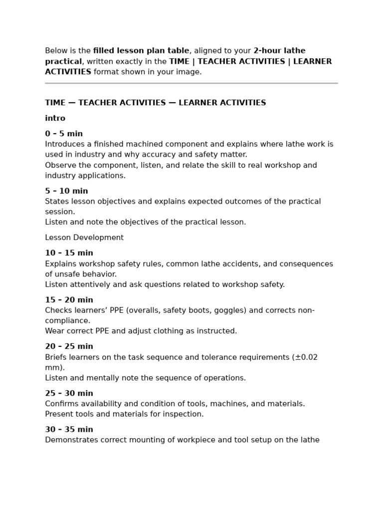 Lathe Work Lesson Plan and Safety Guide | PDF | Machining | Learning