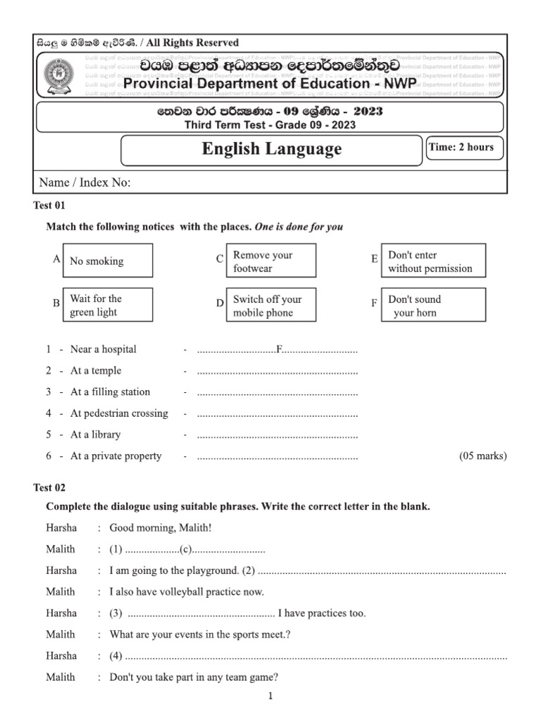 English - Grade 9 - Third Term Test 2023 NWP 2 | PDF