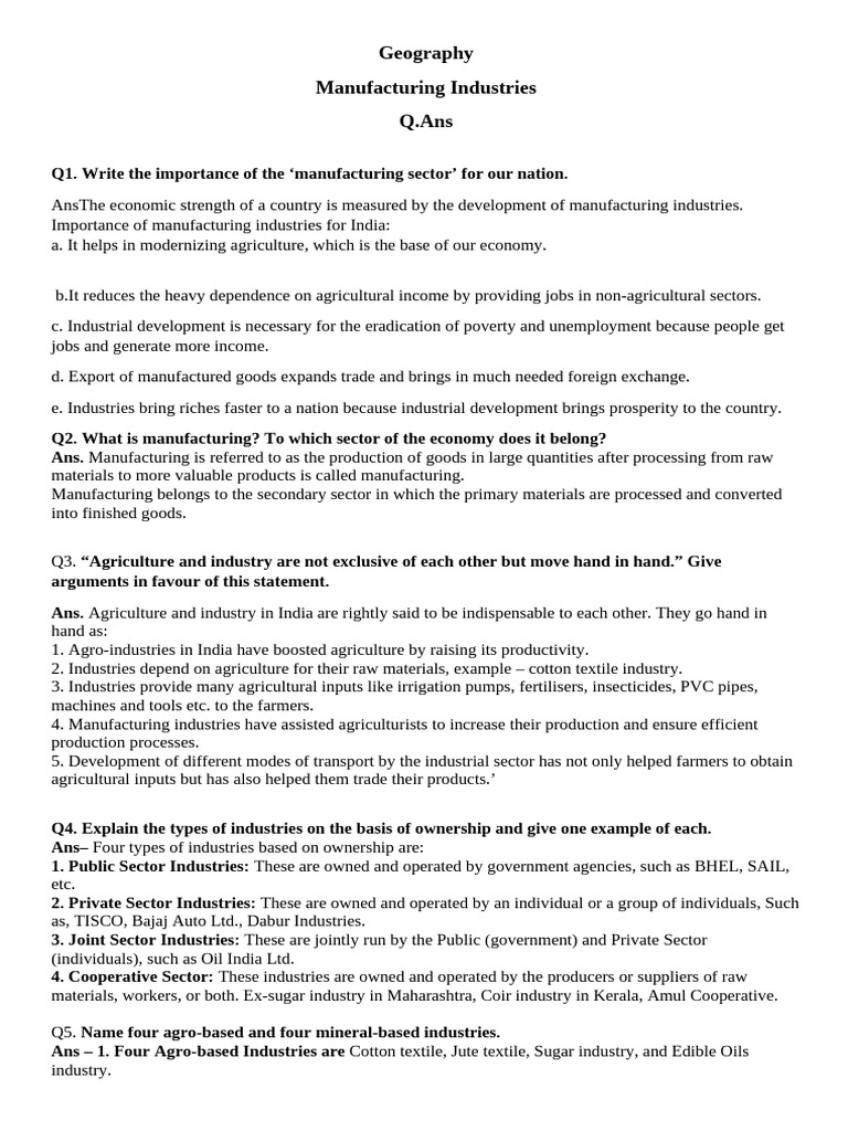 Ch. 5 Manufacturing Industries Q Ans | PDF | Chemical Industry | Fertilizer