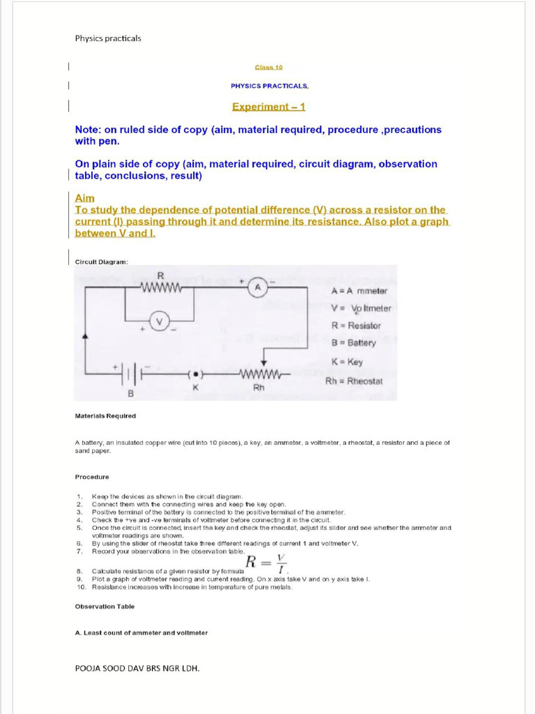 Class 10 Physics Practical Experiments | PDF | Mirror | Voltage