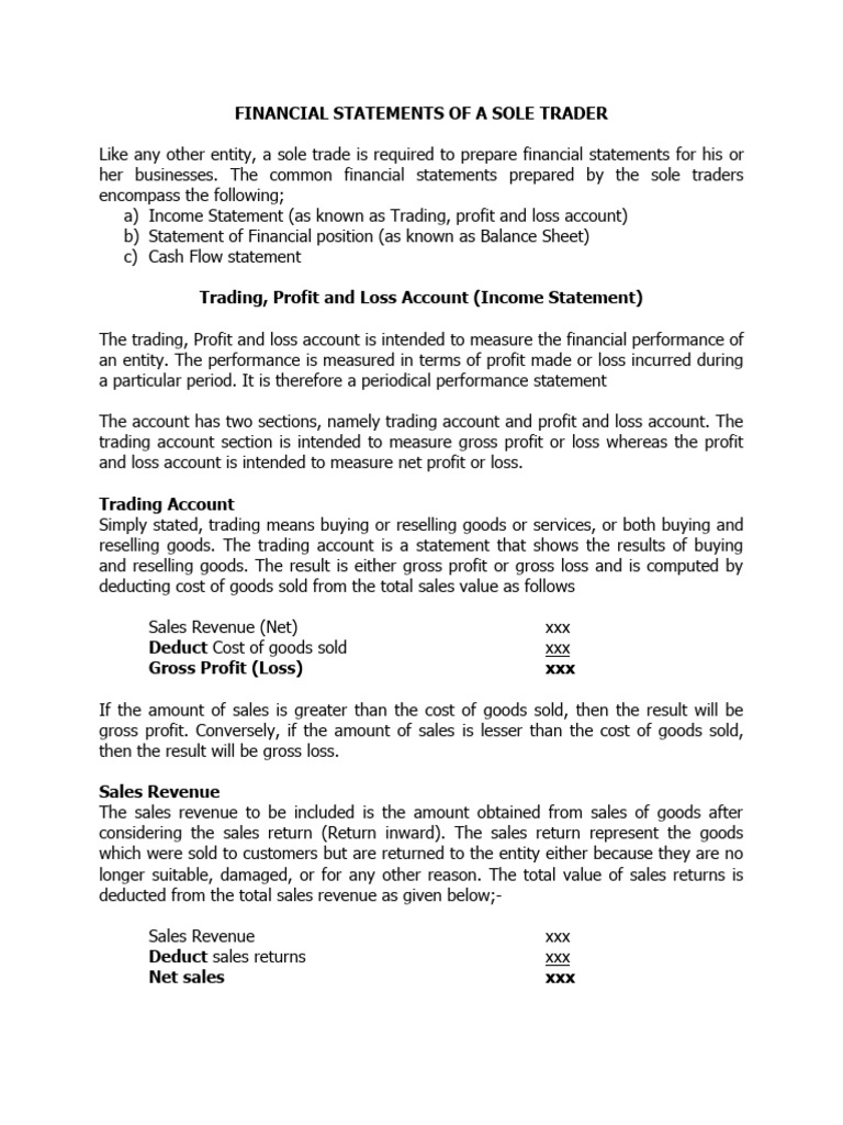 Sole Trader Financial Statements Guide | PDF | Balance Sheet | Expense