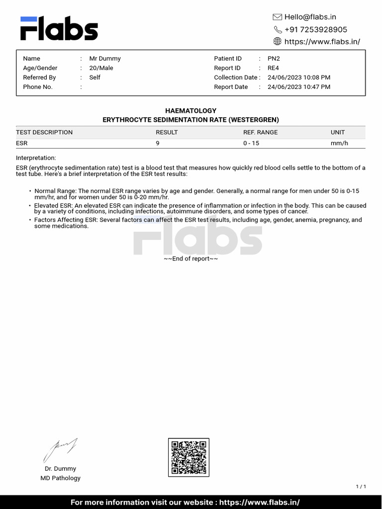 Erythrocyte Sedimentation Rate (Esr) Westergren | PDF