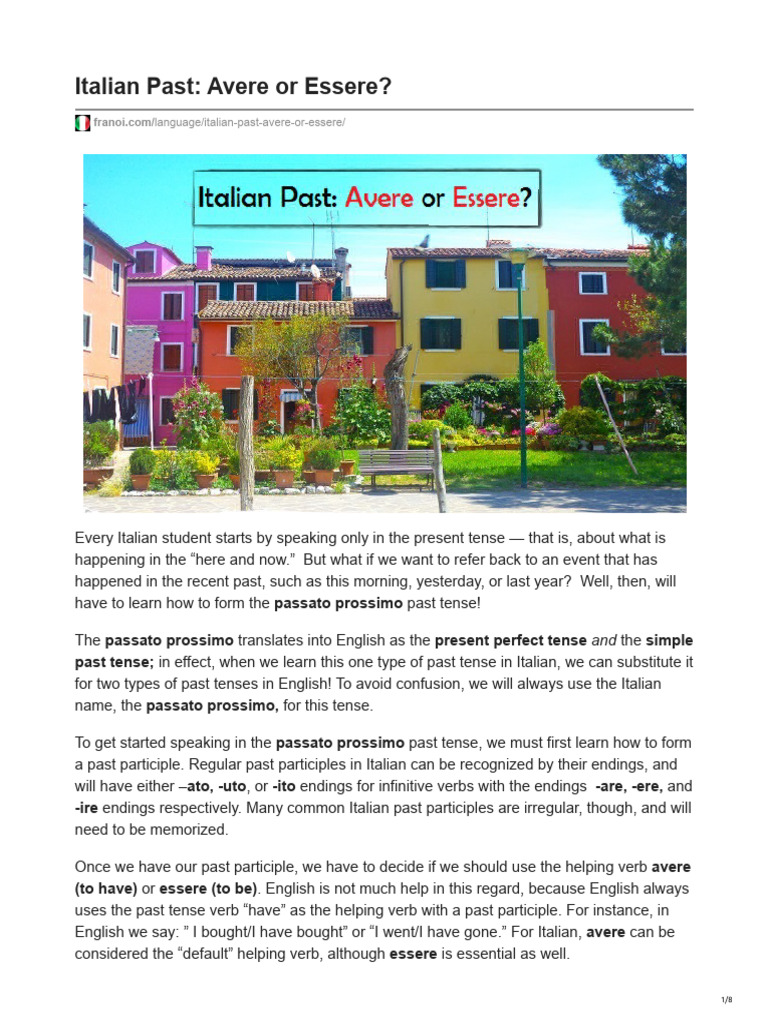 Italian Passato Prossimo: Avere vs Essere | PDF | Grammatical Tense | Verb