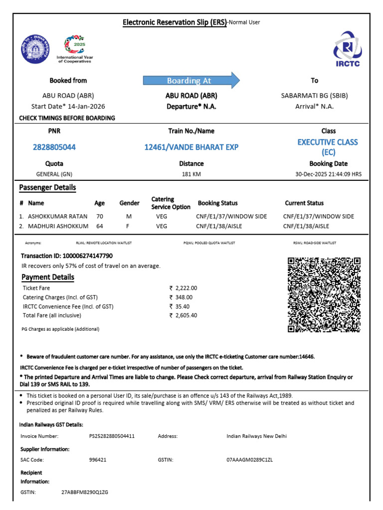 Electronic Reservation Slip for Train Ticket | PDF | Identity Document