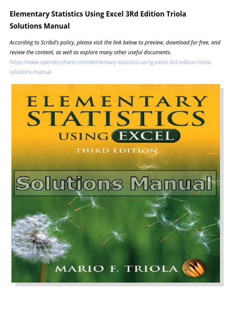 Elementary Statistics Using Excel 3rd Edition Triola Solutions Manual | PDF