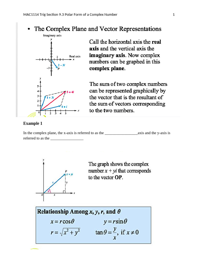 MAC1114 9.3 (N) Trig Polar Form of Complex Numbers | PDF