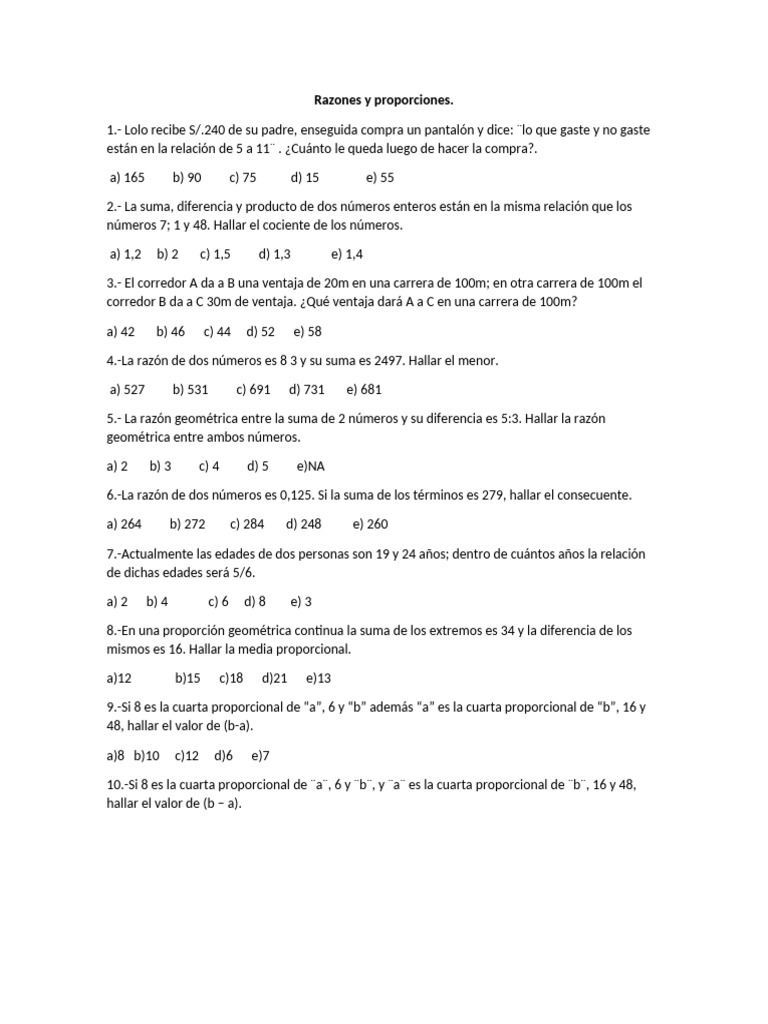 Problemas de Razones y Proporciones Matemáticas | PDF