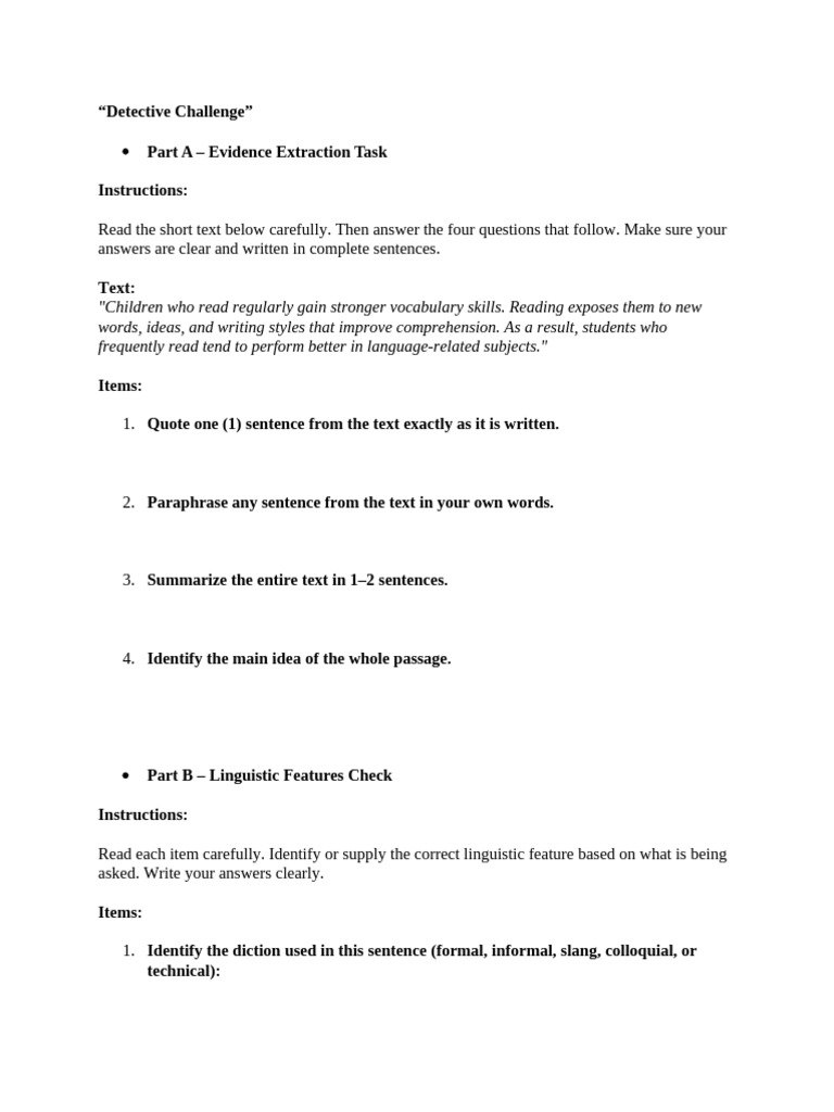 Detective Challenge | PDF | Reading Comprehension | Linguistics