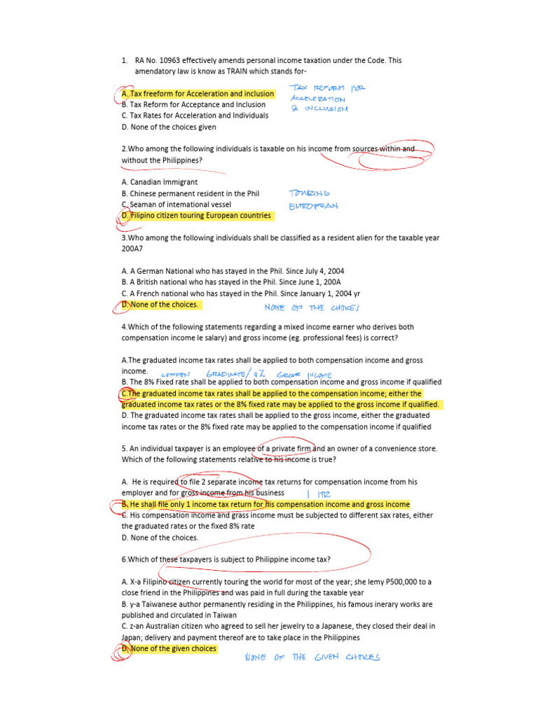 Philippine Income Tax Regulations Quiz | PDF | Gross Income | Income ...