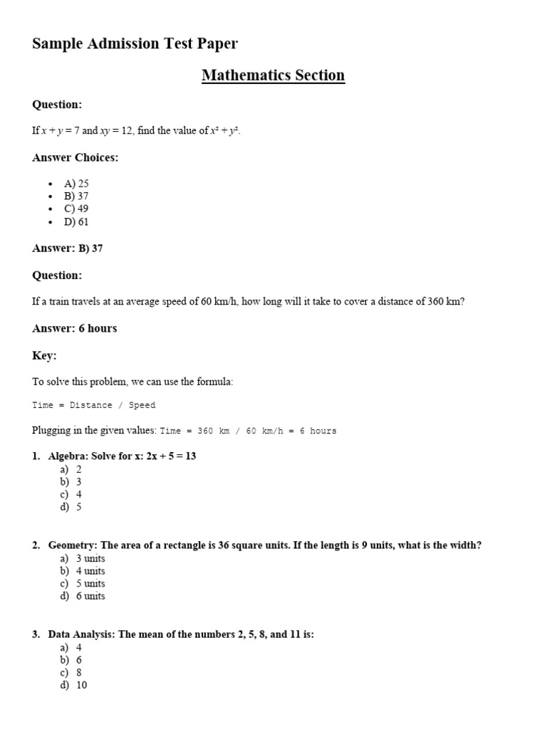 Sample Paper for MiTE Admission Test[1] | PDF | Odds | Area