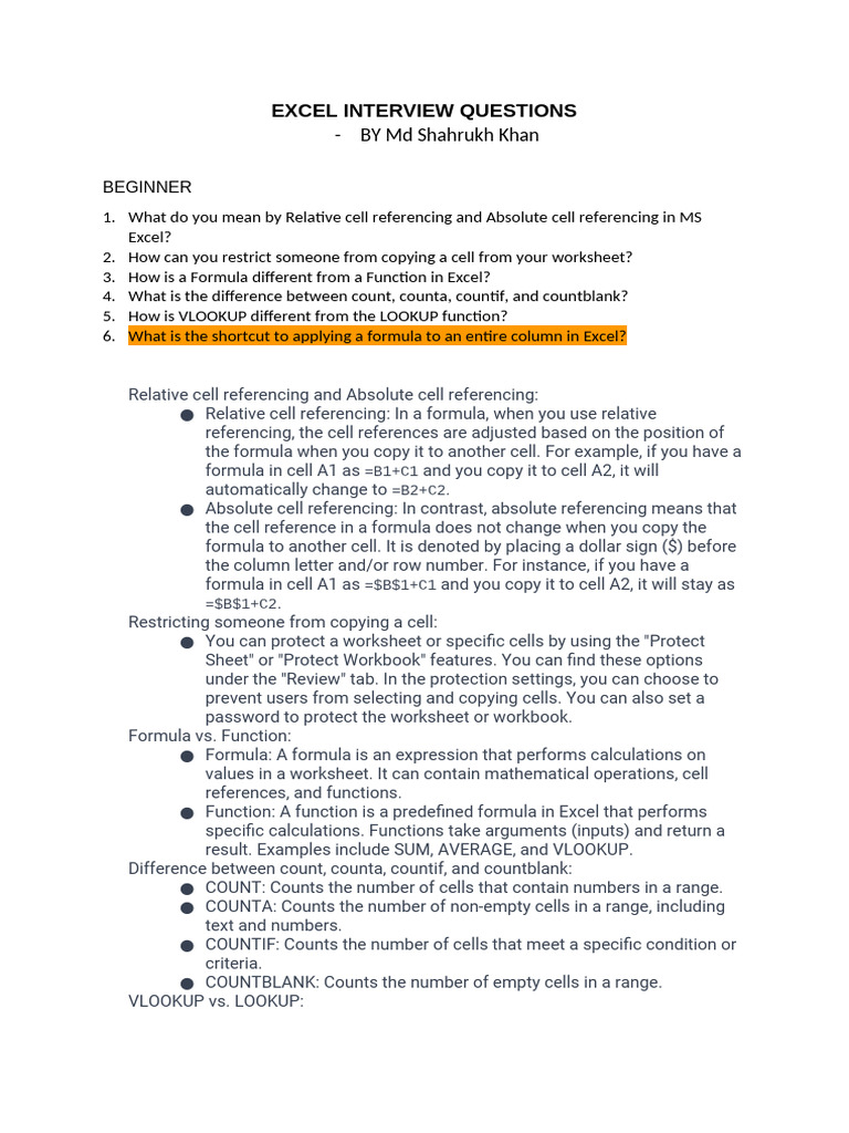 Excel Interview Questions | PDF | Microsoft Excel | Spreadsheet