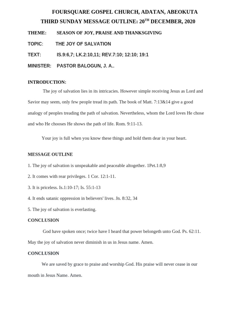 December 2020 Third Sunday Message Outline Balogun | PDF | Salvation ...