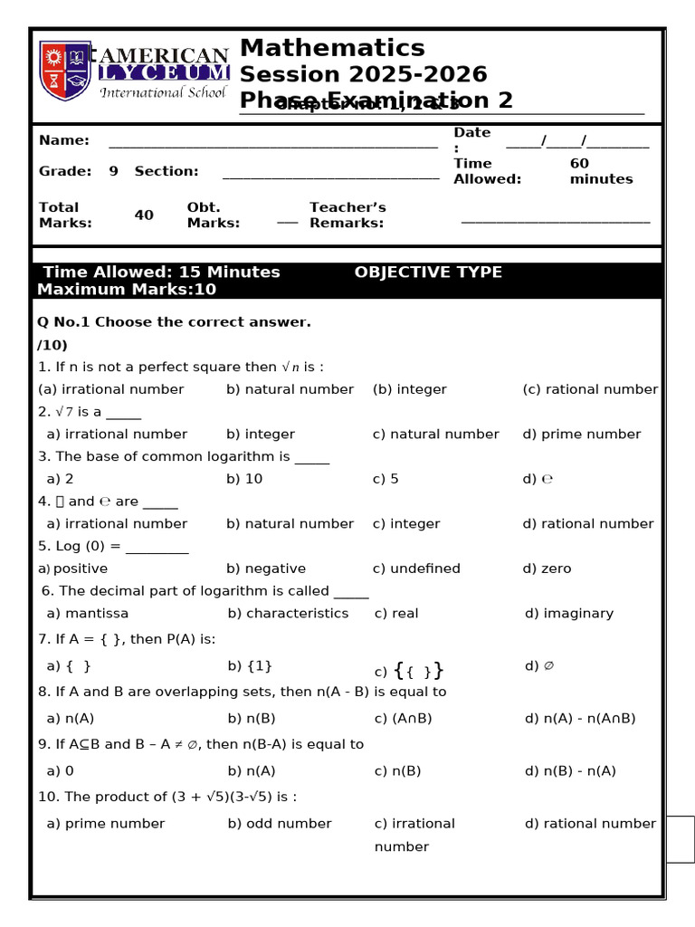 G9 Phase Test Ch 1+2+3 | PDF | Numbers | Square Root