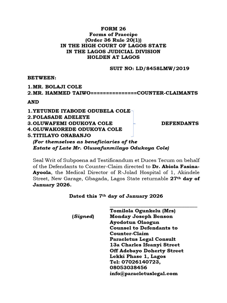 High Court Subpoena Forms for Lagos Case | PDF | Subpoena Duces Tecum ...