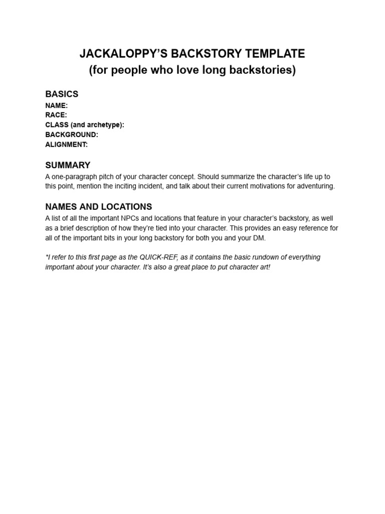 Jackaloppy's Backstory Template | PDF | Motivation | Motivational