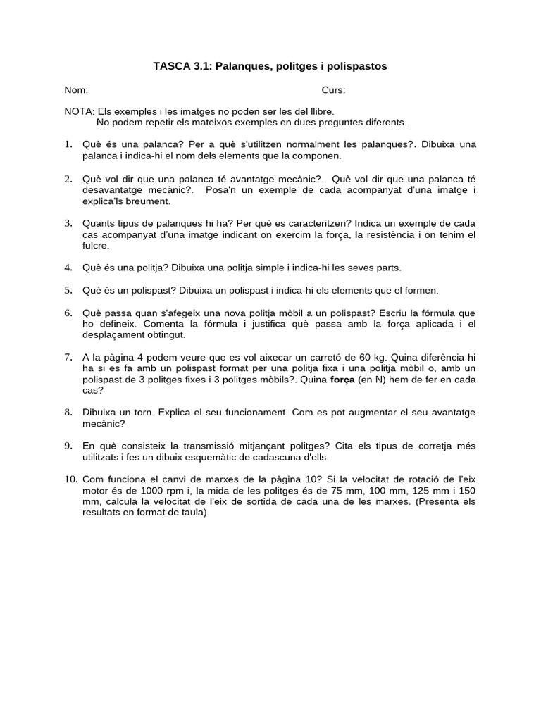 Tasca 3.1 Palanques Politges i Polispastos (1) | PDF