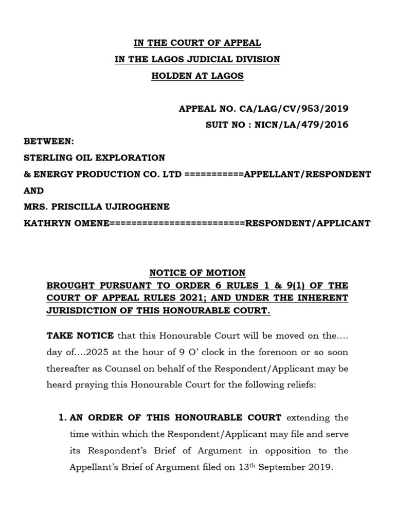 Notice of Motion - Priscilla Omene | PDF | Affidavit | Appeal