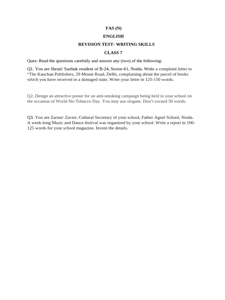 Class 7 Writing Skills Revision Test | PDF