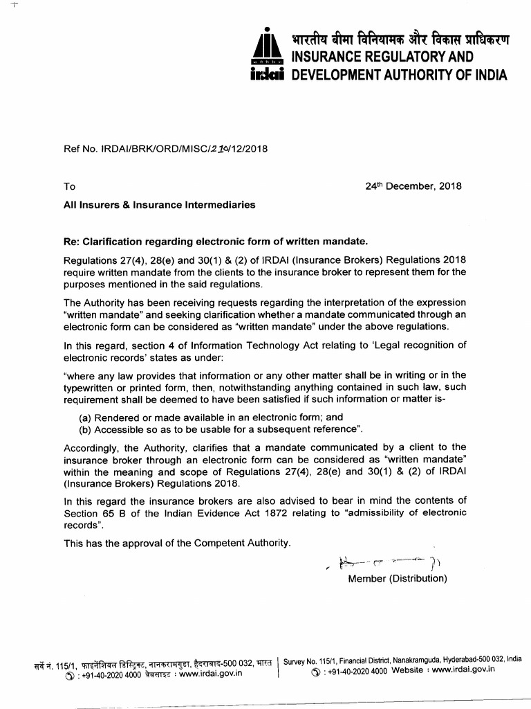Circular No Irdai Brk Ord Misc 210-12-2018 | PDF | Insurance | Economy ...