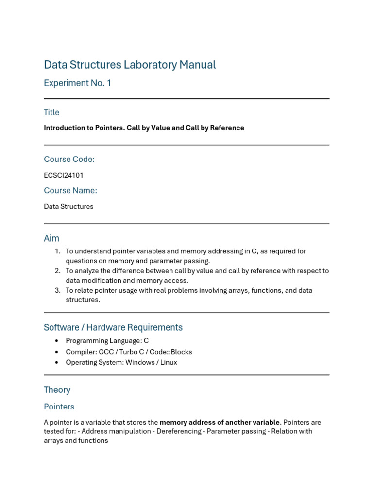 DsLabManualPointersAndFunctionCalling_Practical1 | PDF | Pointer (Computer Programming ...