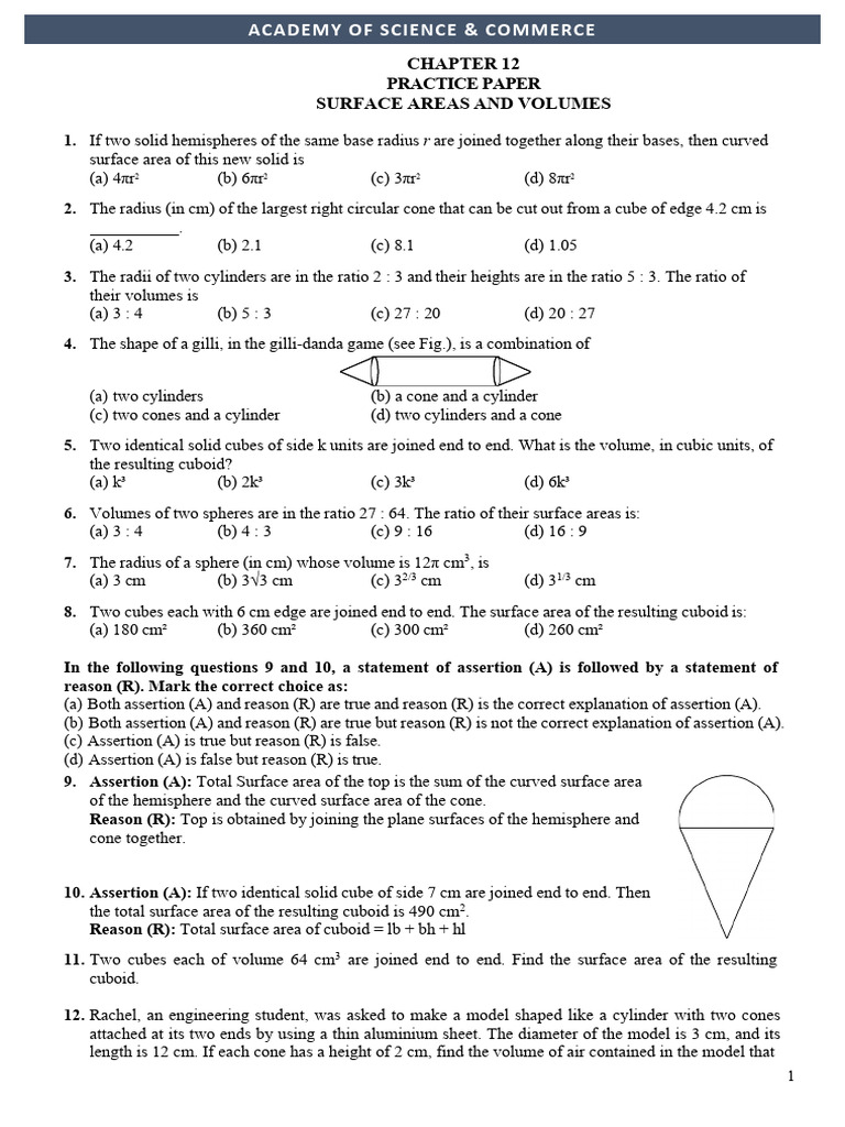 Surface Areas and Volumes Practice Paper | PDF | Sphere | Volume