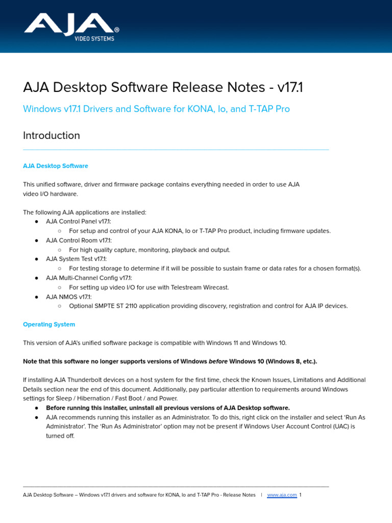 AJA Desktop Software v17.1 Release Notes | PDF | Microsoft Windows | Hdmi