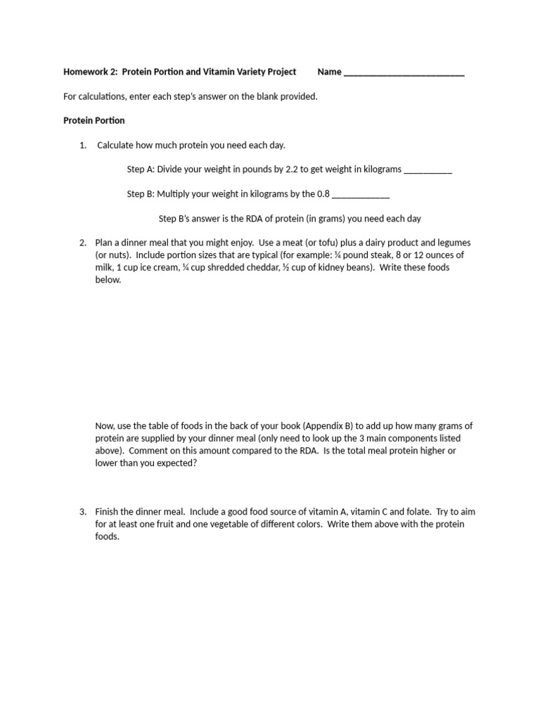 Homework 2 Protein and Vitamins Menu and Review | PDF