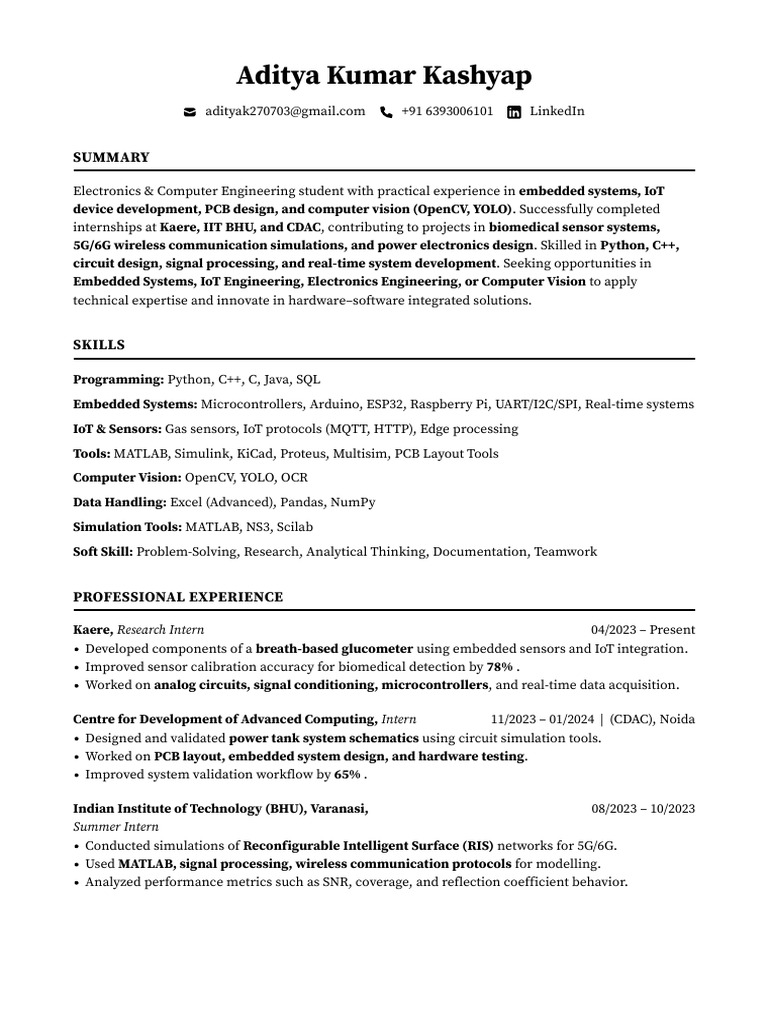 Aditya Kumar Kashyap FlowCV Resume 20251129 (1) | PDF | Embedded System | Electronics