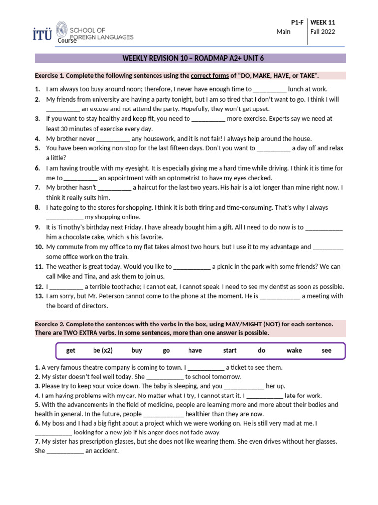 Weekly Revision 10 - Roadmap A2+ Unit 6 | PDF