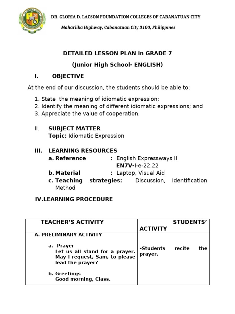 Detailed Lesson Plan in Grade 7 | PDF | Idiom | Lesson Plan