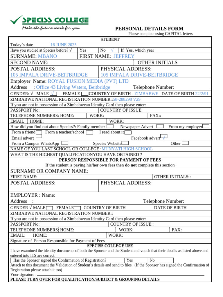 Speciss College Personal Details Form | PDF | Government And Personhood