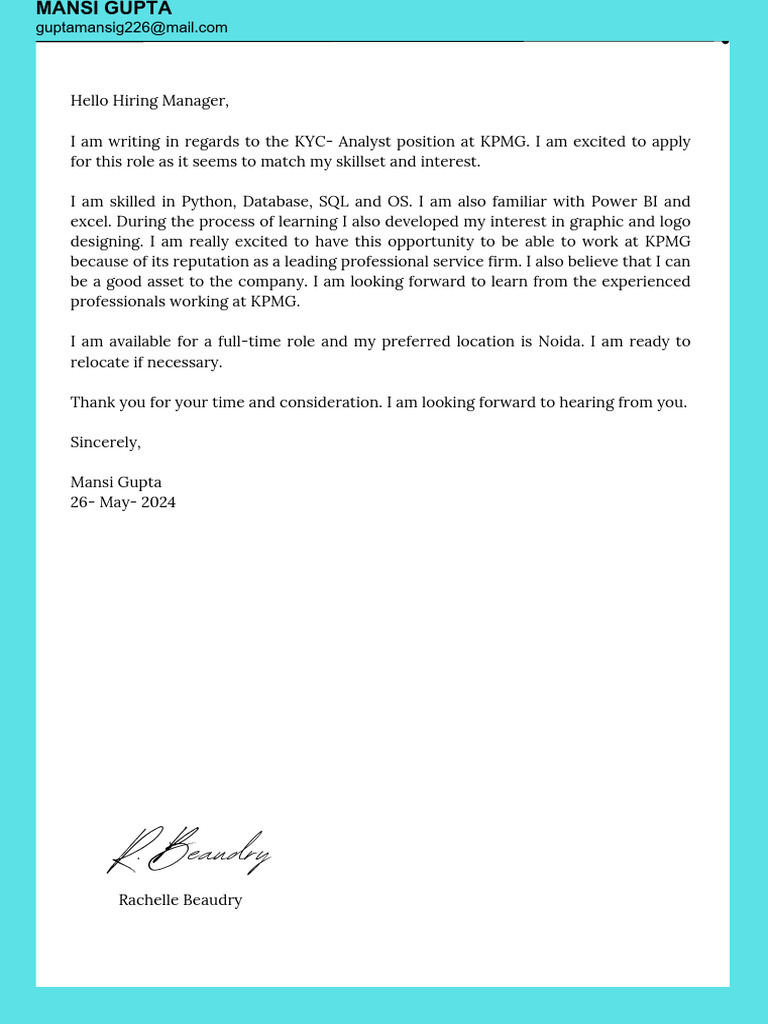 Blue Minimalist Professional Cover Letter | PDF
