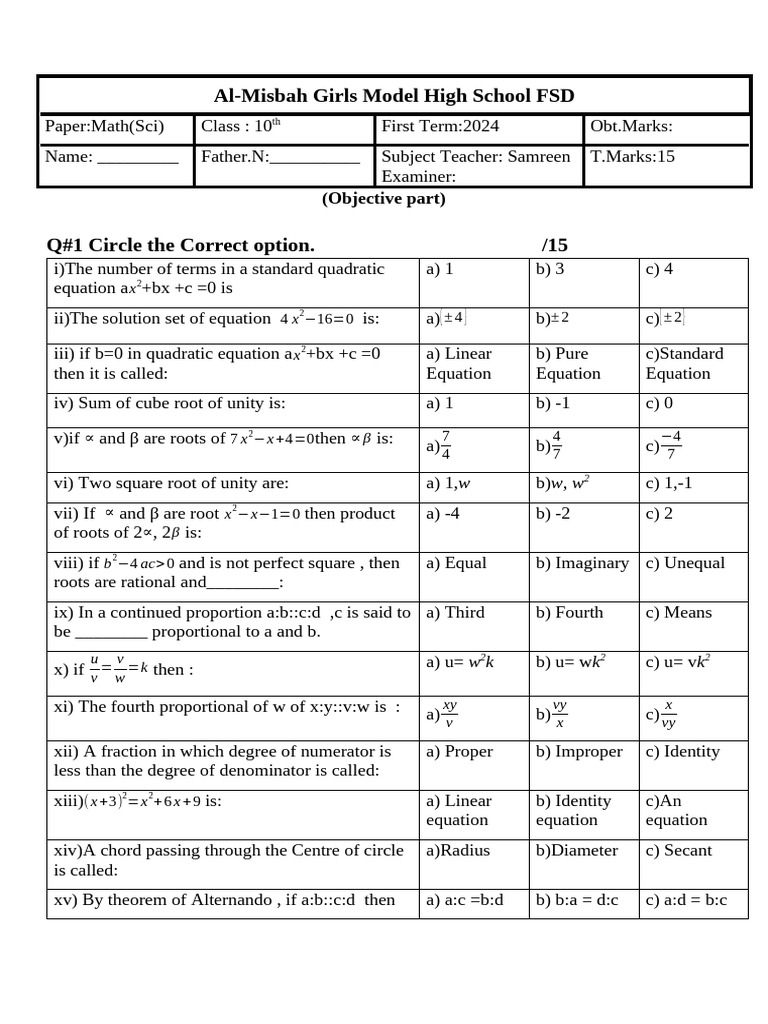 Class 10th 1st Term Math Paper 2024 | PDF | Square Root | Quadratic ...