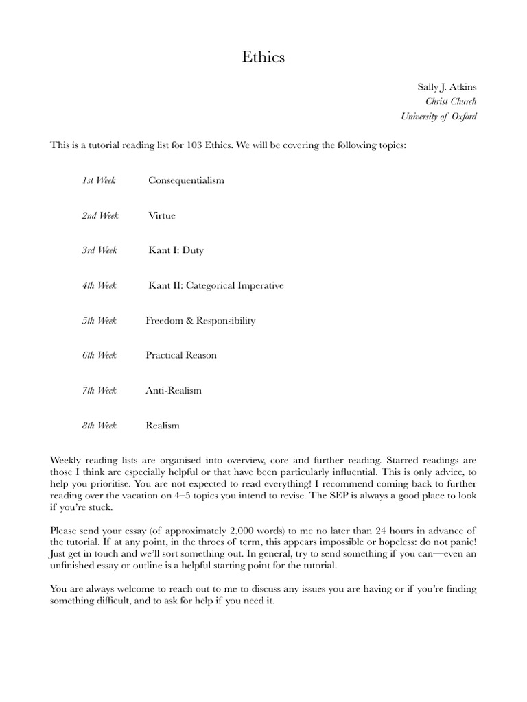 Ethics Tutorial Reading List Overview | PDF | Immanuel Kant | Virtue Ethics