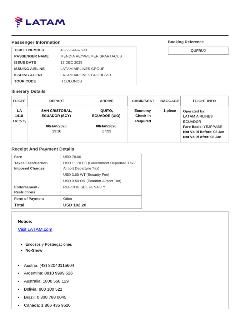 Electronic ticket receipt, January 08 for WILMER SPARTACUS MENDIA REY | PDF | Airlines | Civil ...