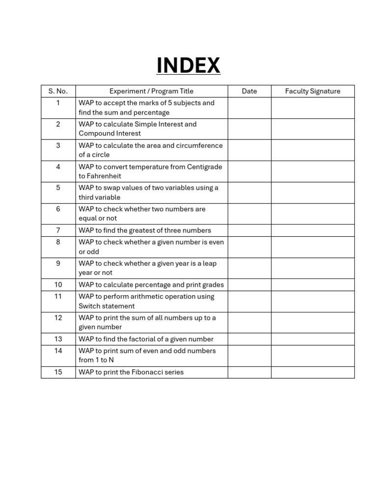 Bcs151 Programming Lab Index | PDF