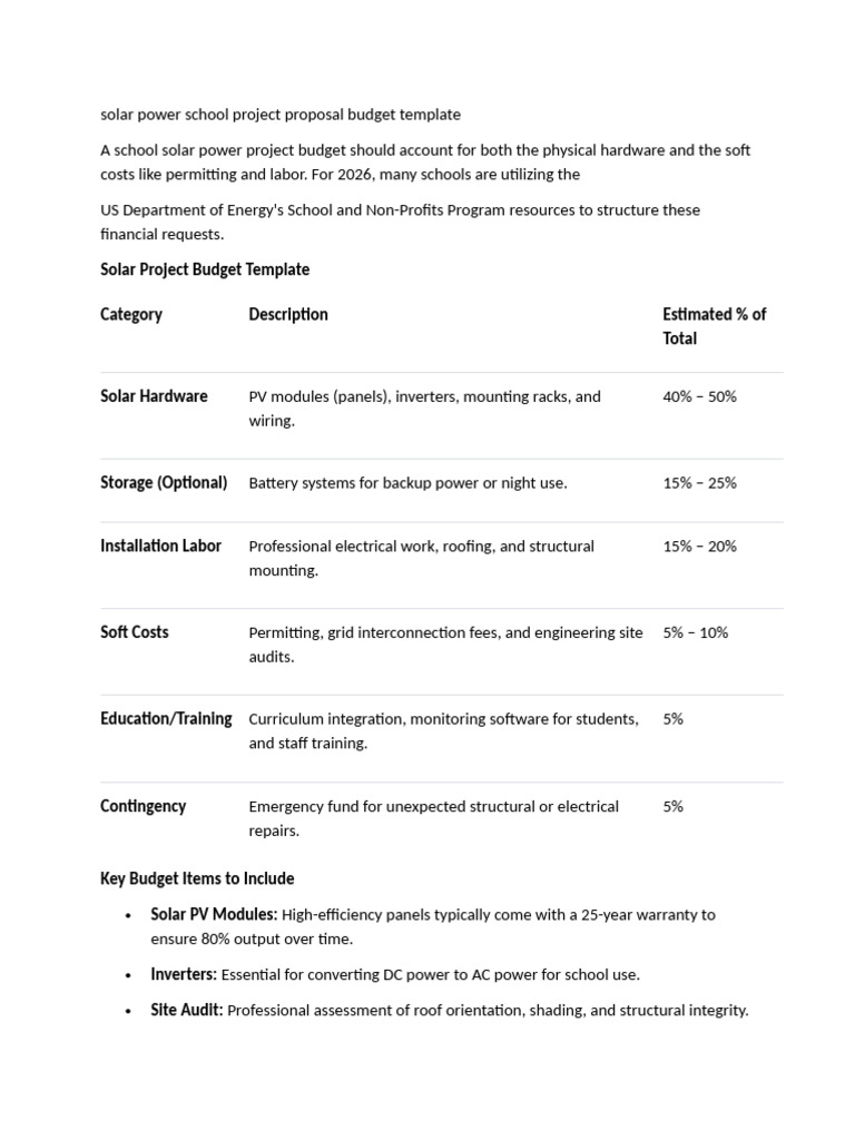 Solar Power School Project Proposal Budget Template | PDF