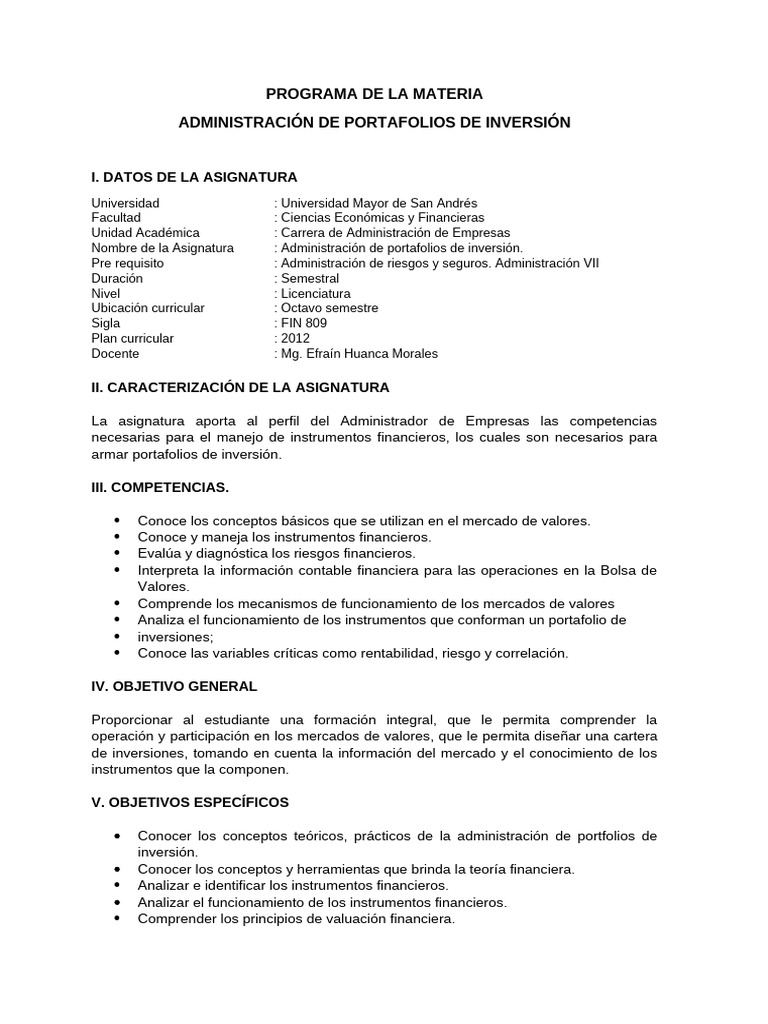 Programa Administración de Portafolios de Inversión UMSA | PDF | Portafolio (Finanzas) | Mercado ...