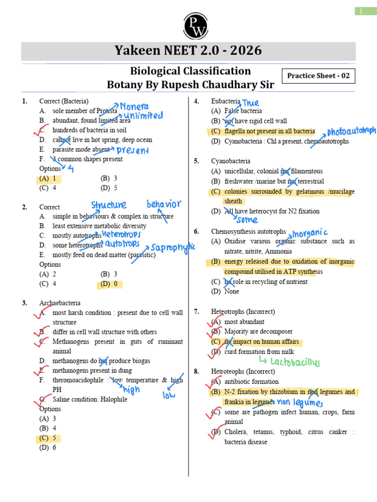 Biological Classification Practice Sheet 02 Bot | PDF | Bacteria | Biology