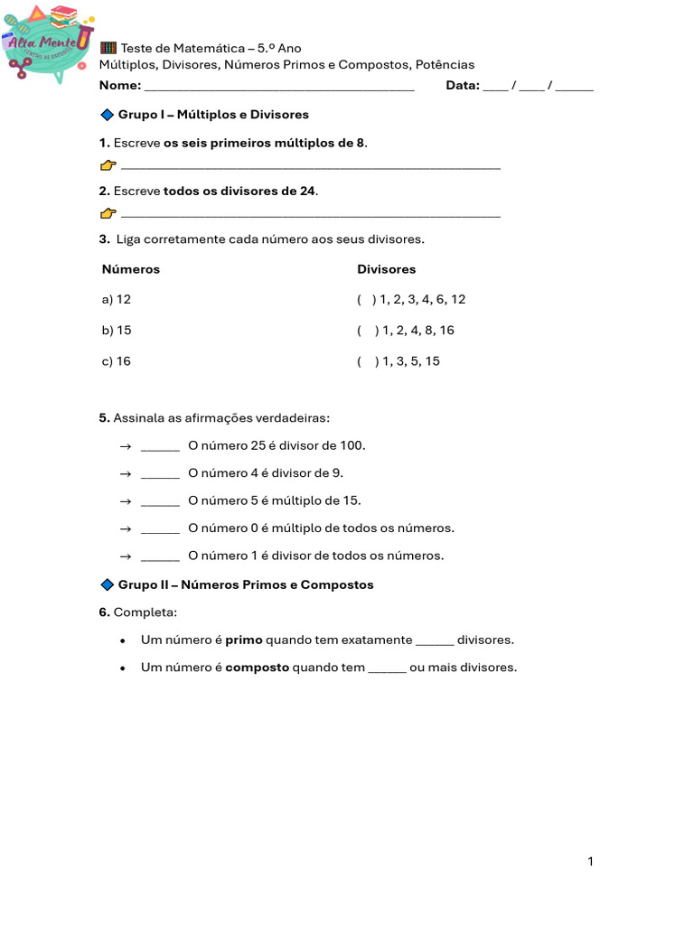 Teste de Matemática: Múltiplos e Primos | PDF | Número primo ...