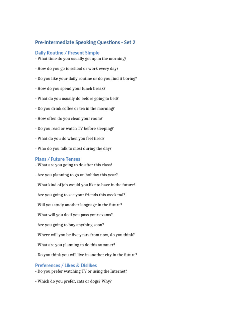 Pre-Intermediate Speaking Questions Set 2 | PDF | Linguistics | Grammar