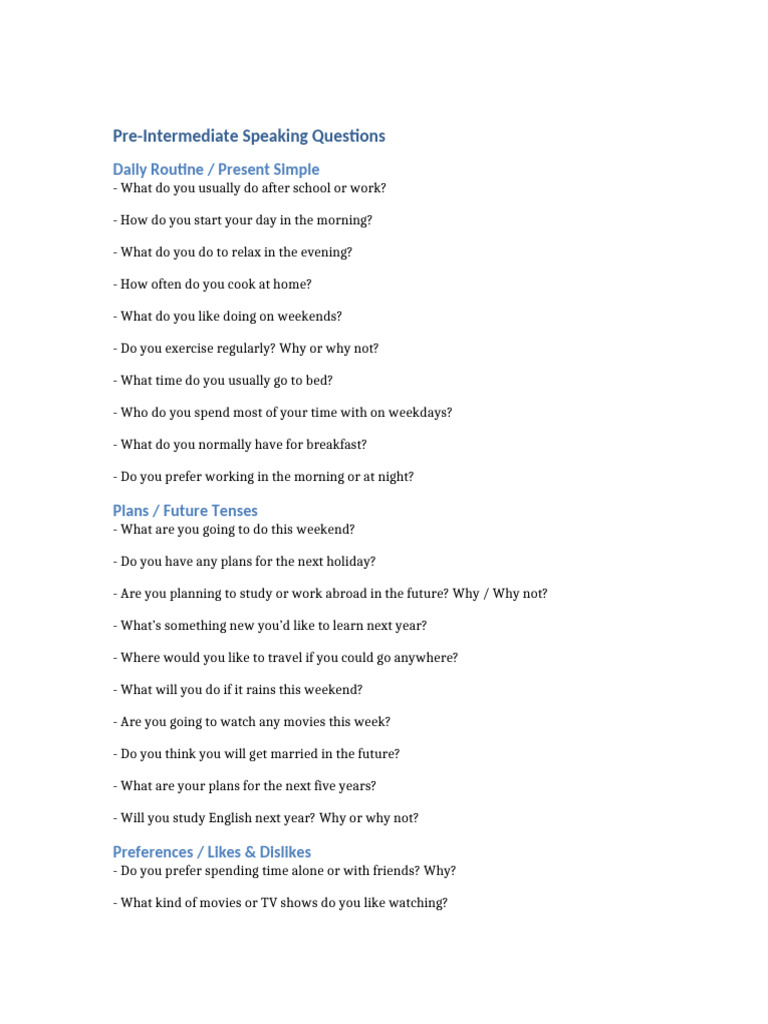 Pre-Intermediate Speaking Questions Guide | PDF | English Language ...