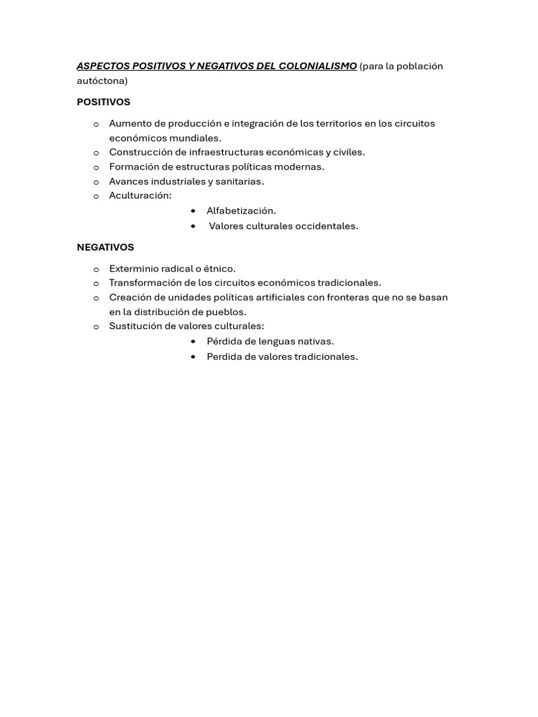 Aspectos Posotivos y Negativos Del Colonialismo | PDF