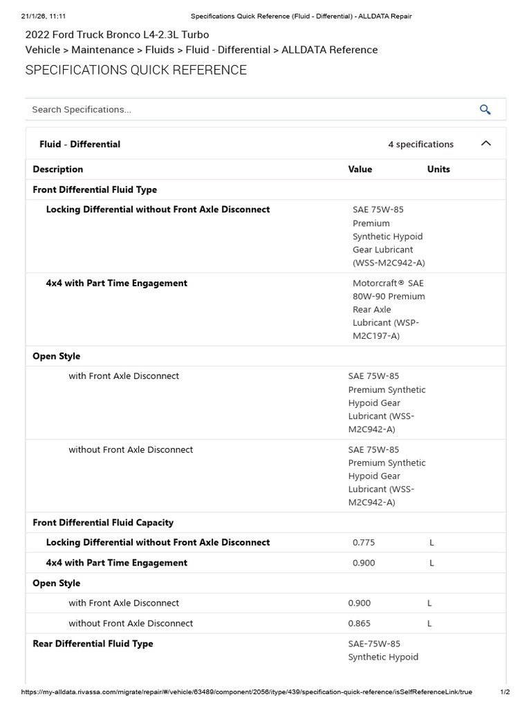 2022 Ford Truck Bronco L4-2.3L Turbo Specifications Quick Reference ...