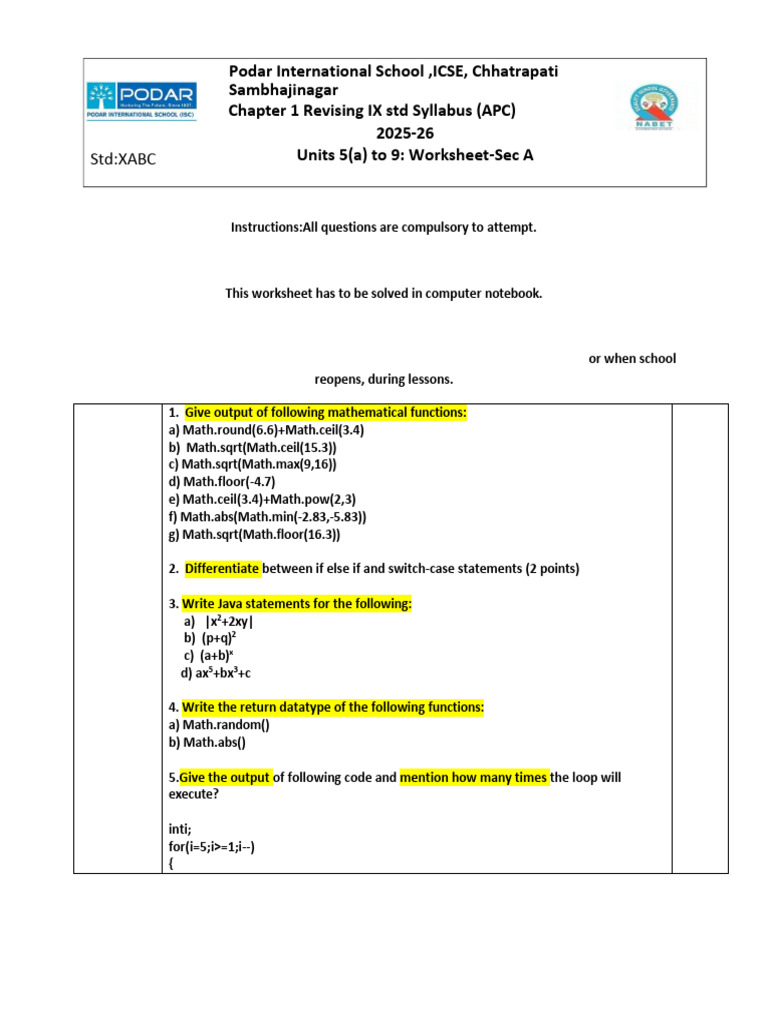 X ABC Worksheet Ch 1(Unit 5(b) to 9) 2025-26 (1) (2) | PDF | Mathematics | Computing
