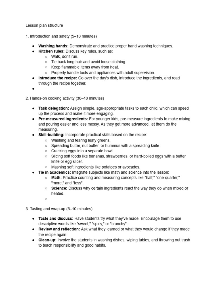 Kid-Friendly Cooking Class Lesson Plan | PDF | Cooking | Recipe