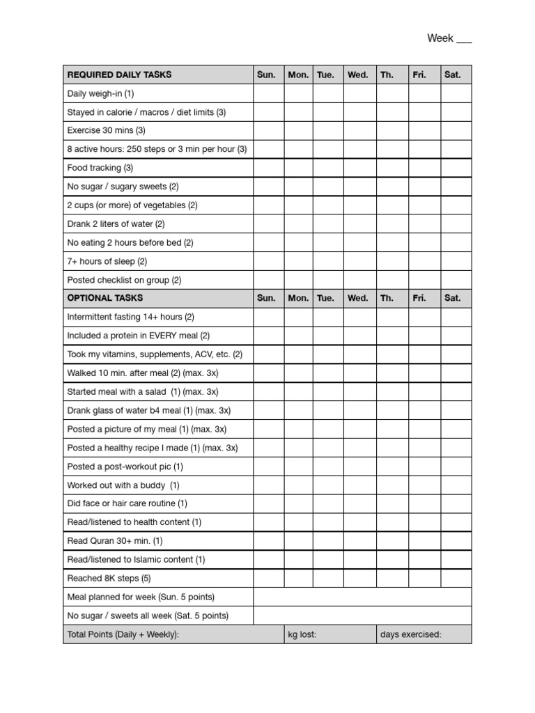 Task Checklist Weight Loss Challenge | PDF