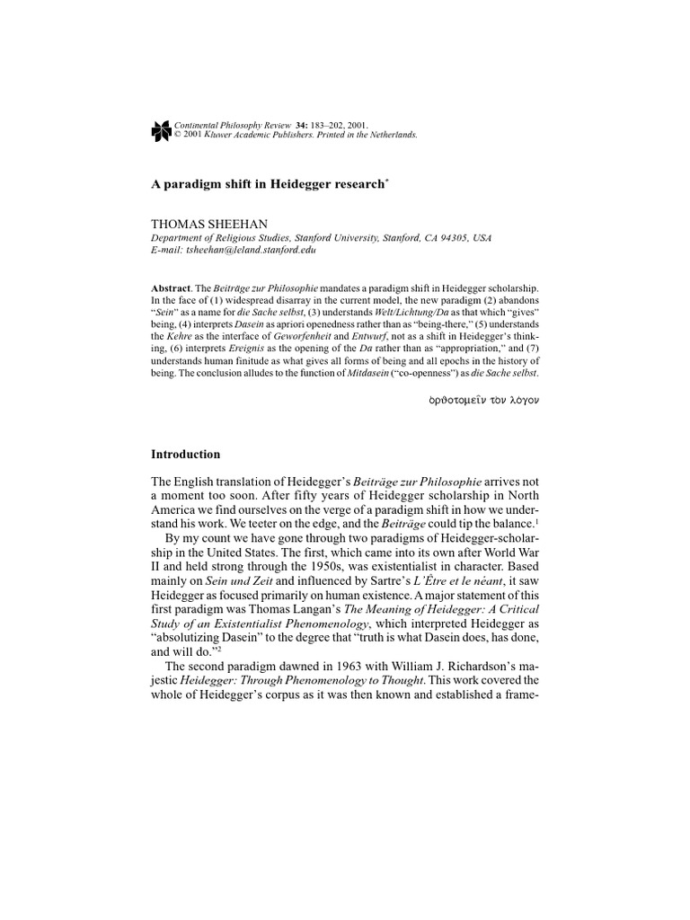Sheehan - A Paradigm Shift in Heidegger Research | PDF | Martin ...