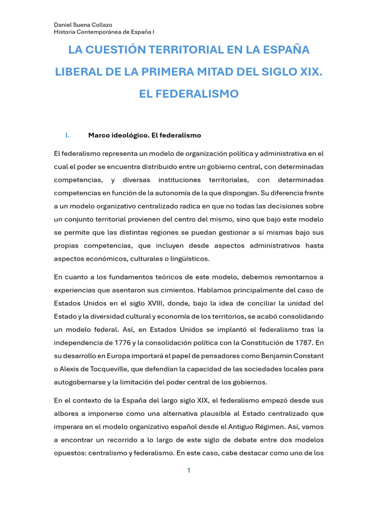 Daniel Suena. Aad 1 Historia Contemporánea de España i | PDF | España | Federalismo