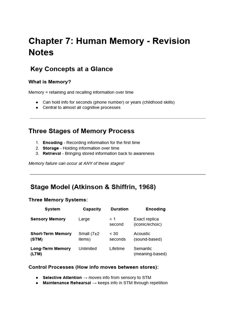 Human Memory Notes | PDF | Memory | Recall (Memory)